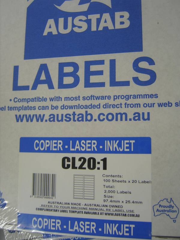 AUSTAB CL20 COMPATIBLE LASER/COPIER DL20 GENERAL USE LABELS BX 100 ...