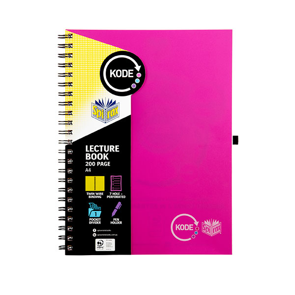 SPIRAX KODE LECTURE BOOK P958 A4 200 PAGE PINK 7 HOLE PUNCH TO FIT IN ...
